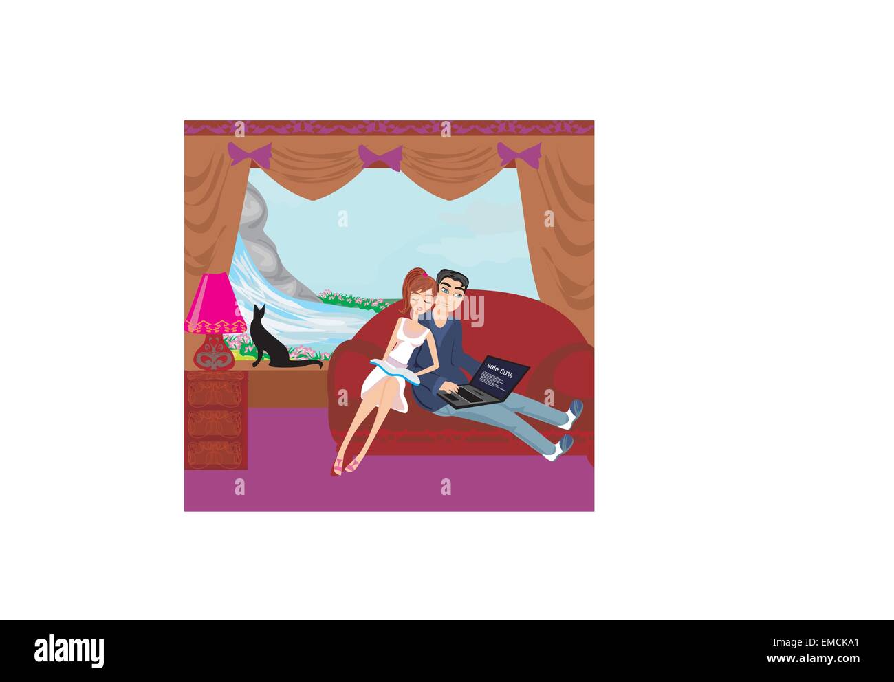 Woman relaxing home laptop Stock Vector Images - Alamy