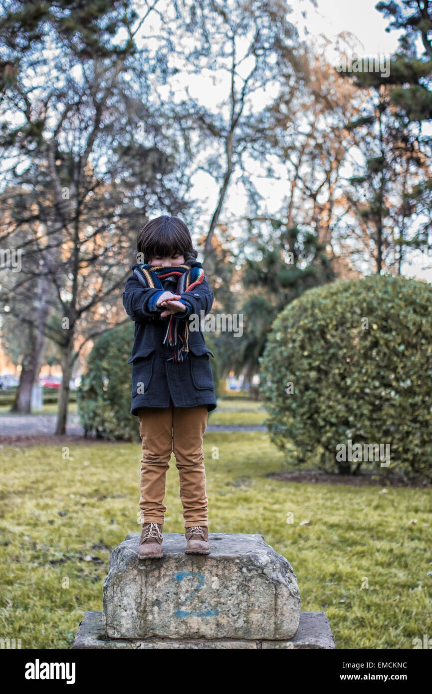 Little boy standing on a stone in a park on winter day Stock Photo - Alamy