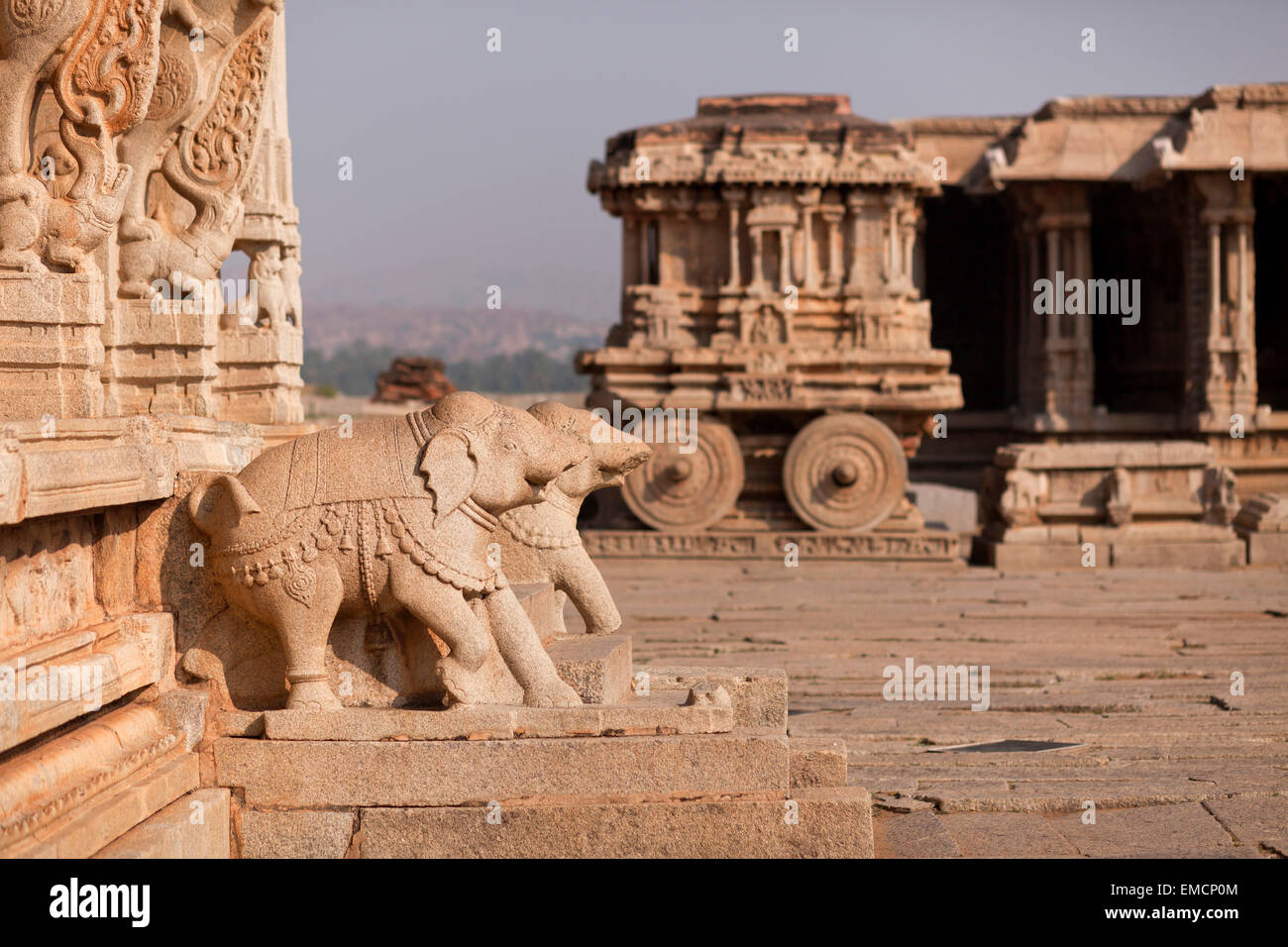 India, Karnataka, Stone Chariot and elephant figures at Vittala Temple ...