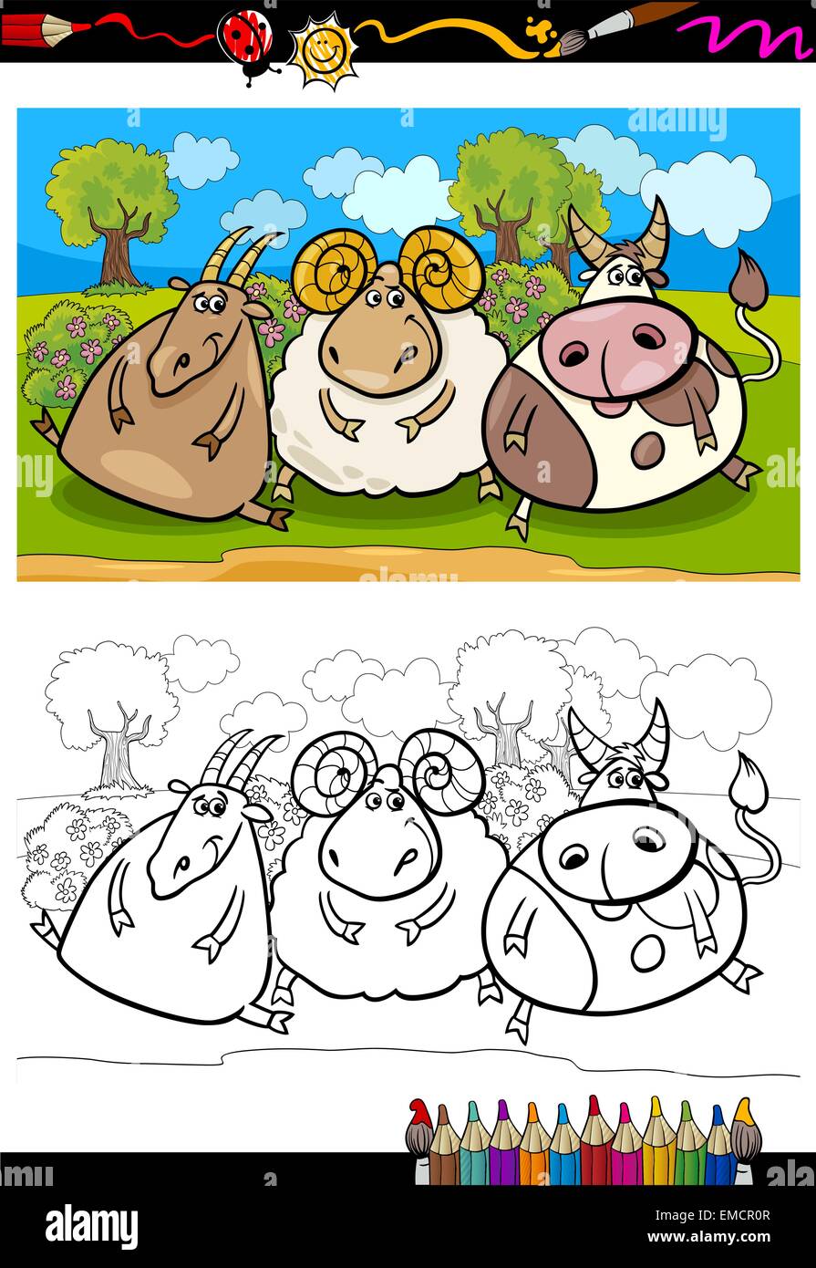 cartoon farm animals coloring page Stock Vector Image & Art - Alamy