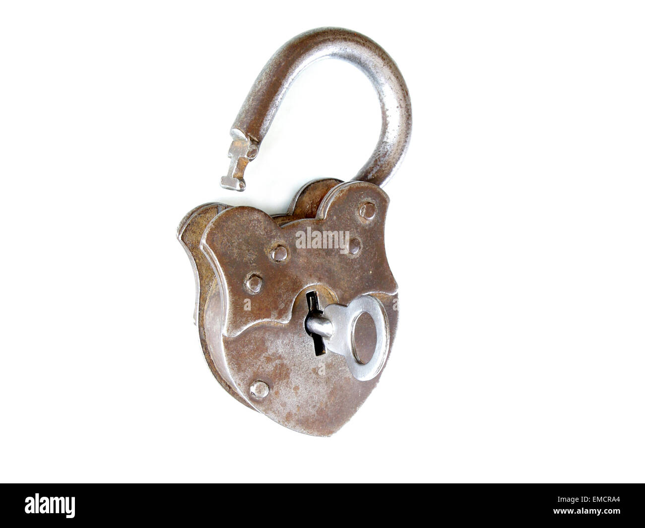 unlocked vintage padlock with key in keyhole isolated on white ...