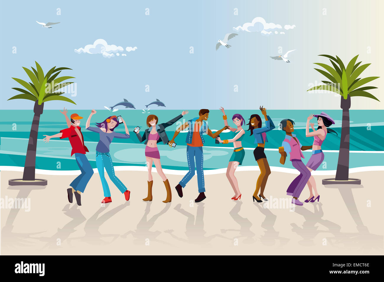 Group of happy young people dancing at the beach. Summer sunset. Vector ...