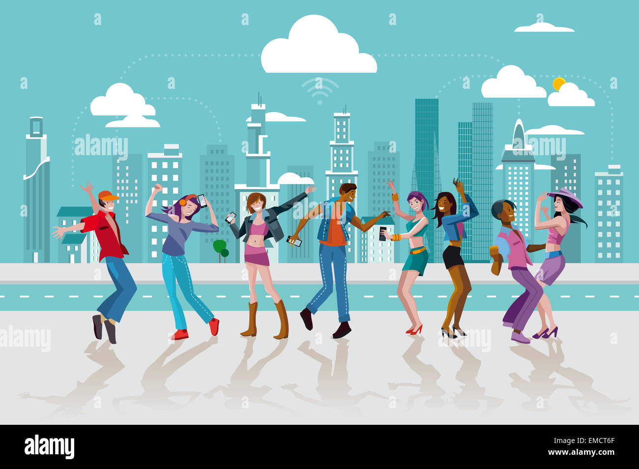 Group of young people dancing and jumping in a street of a modern City ...