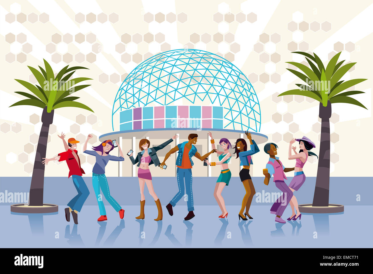 Group of young people in a disco, dancing in a sunset party wearing ...