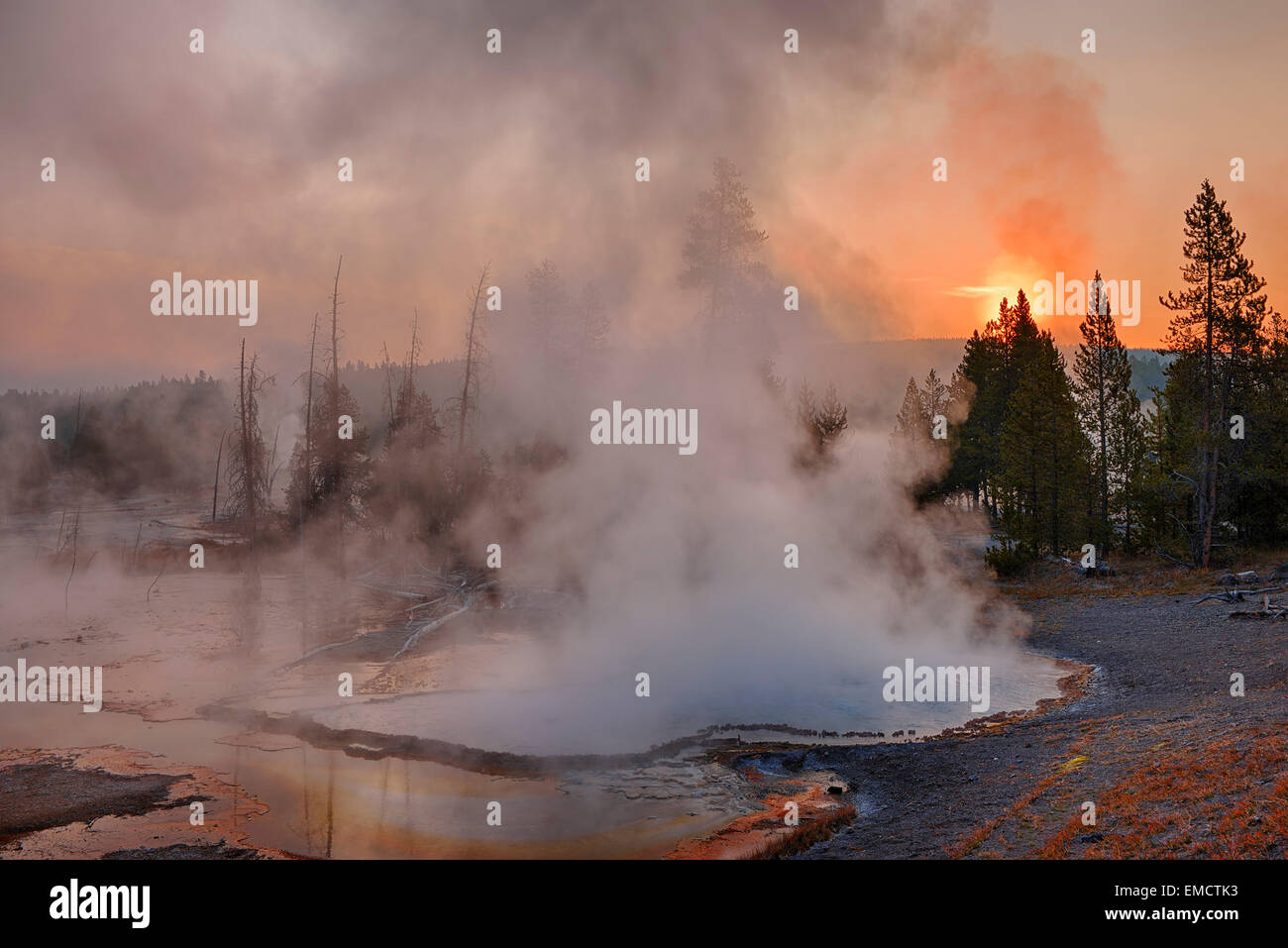 USA, Wyoming, Yellowstone National Park, steam rising up from Firehole ...