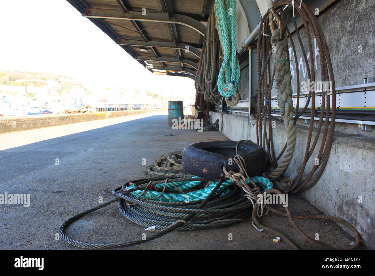 newlyn pier or quayside in summer with various marine items Stock Photo ...