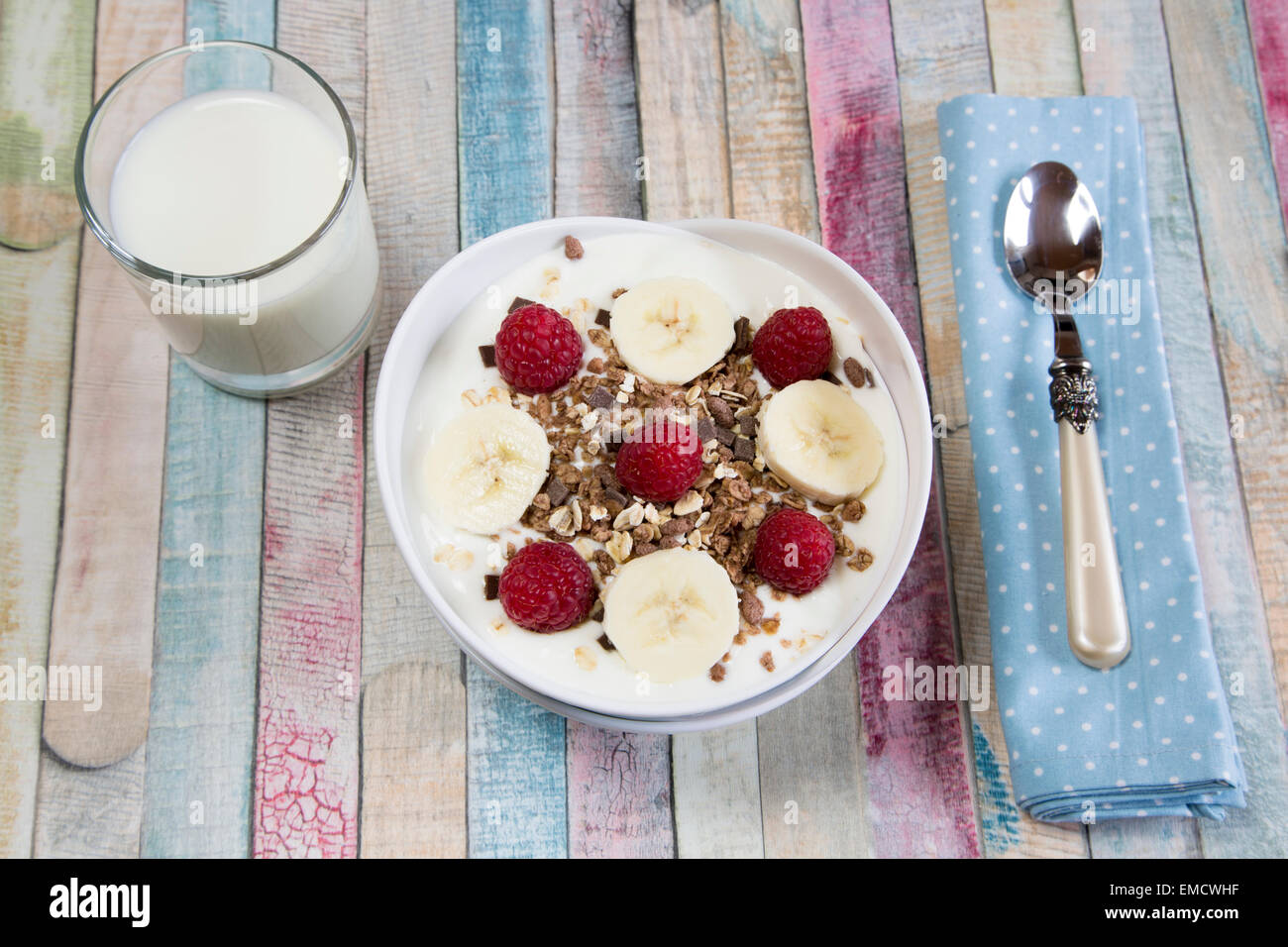 Yoghurt with muesli, raspberries and bananas Stock Photo - Alamy