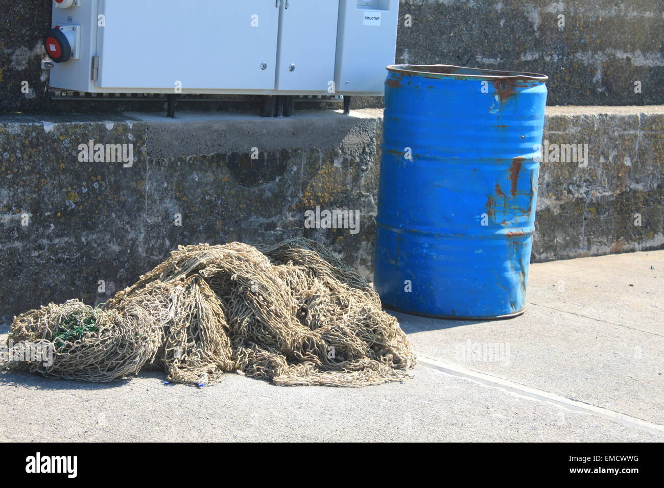 newlyn pier or quayside in summer with various marine items Stock Photo ...