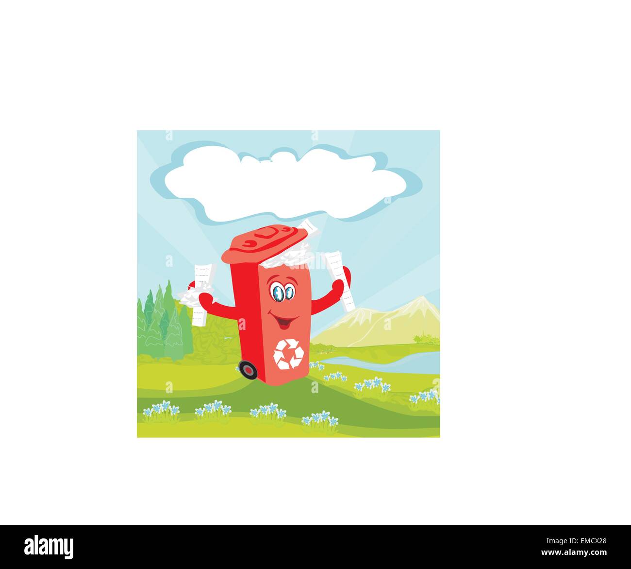 Recycling red bin with papers - character illustration Stock Vector ...