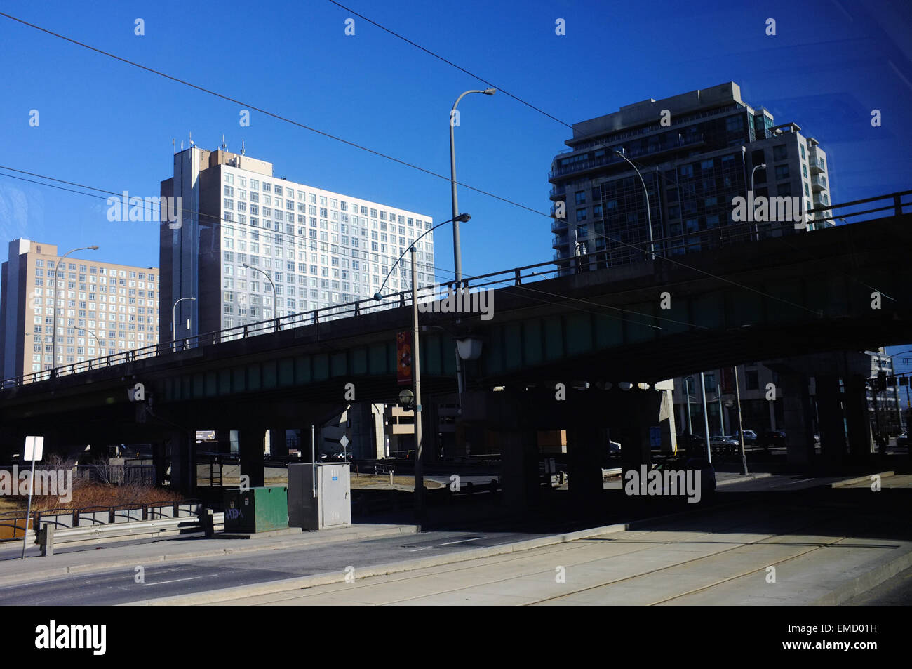 Overhead streetcar cable and streetcar tracks in Toronto Stock Photo ...