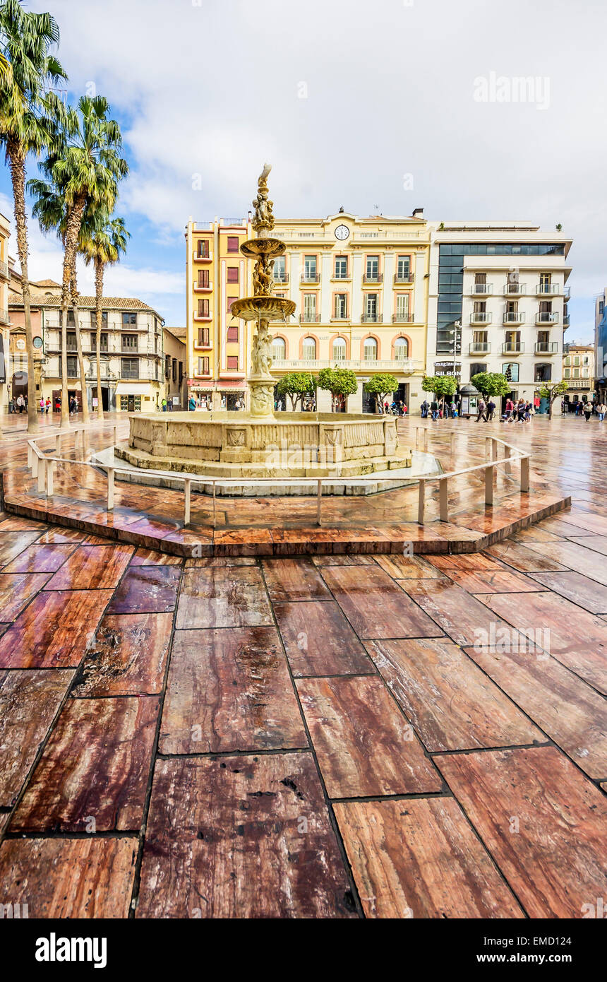 Spain, Andalusia, Malaga, Old town, Plaza de la Constitucion, Fountain ... Spain, Andalusia, Malaga, Old town, Plaza de la Constitucion, Fountain ...