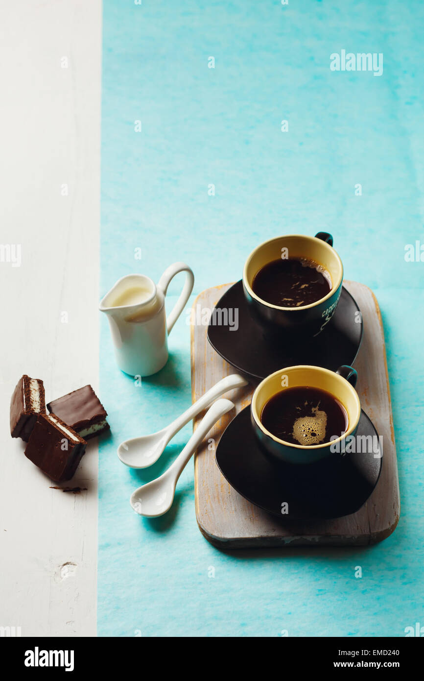 Morning Coffee Table. Two Cups of Espresso with Chocolate Cake and Milk ...