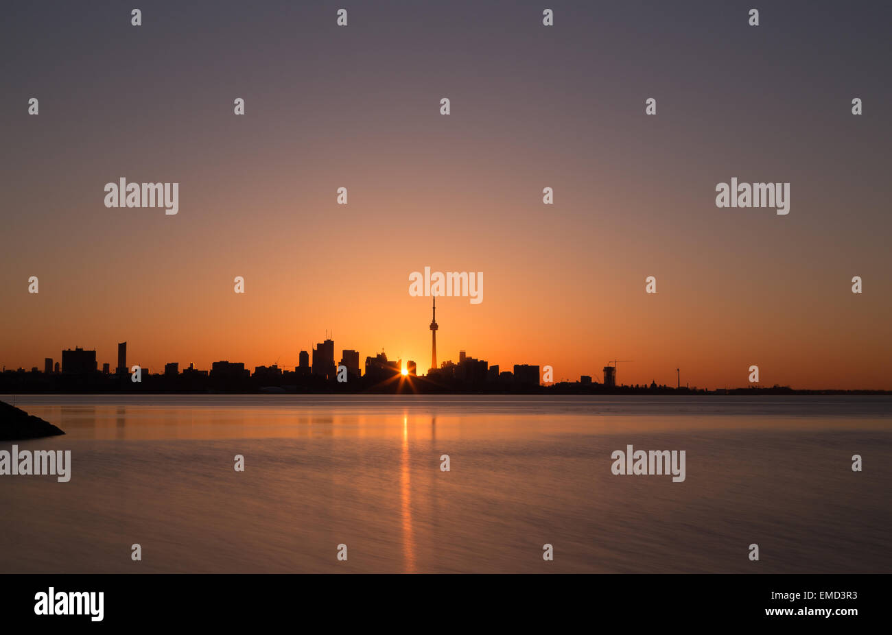 A far view of the Toronto Skyline at Sunrise showing skyscrapers and ...