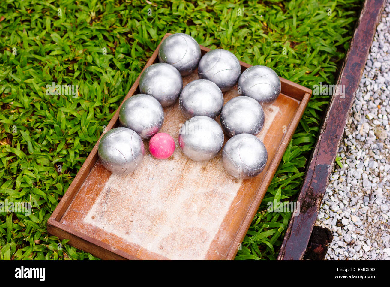 Petanque Metal Balls ready for Playing on Grass. Selective focus Stock ...