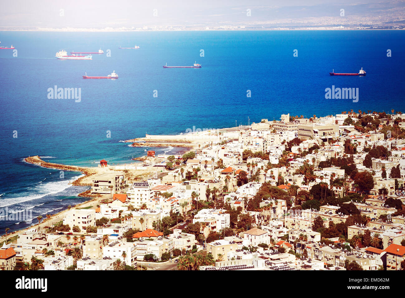 View on Coast of Haifa, Israel from Mount Carmel. Image toned Stock ...