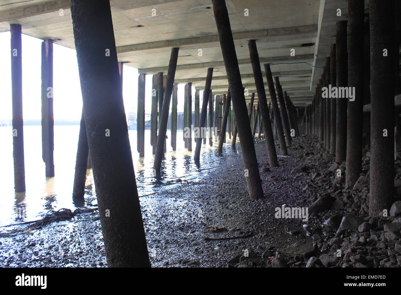 posts holding up newlyn pier from underneath at low tide Stock Photo ...