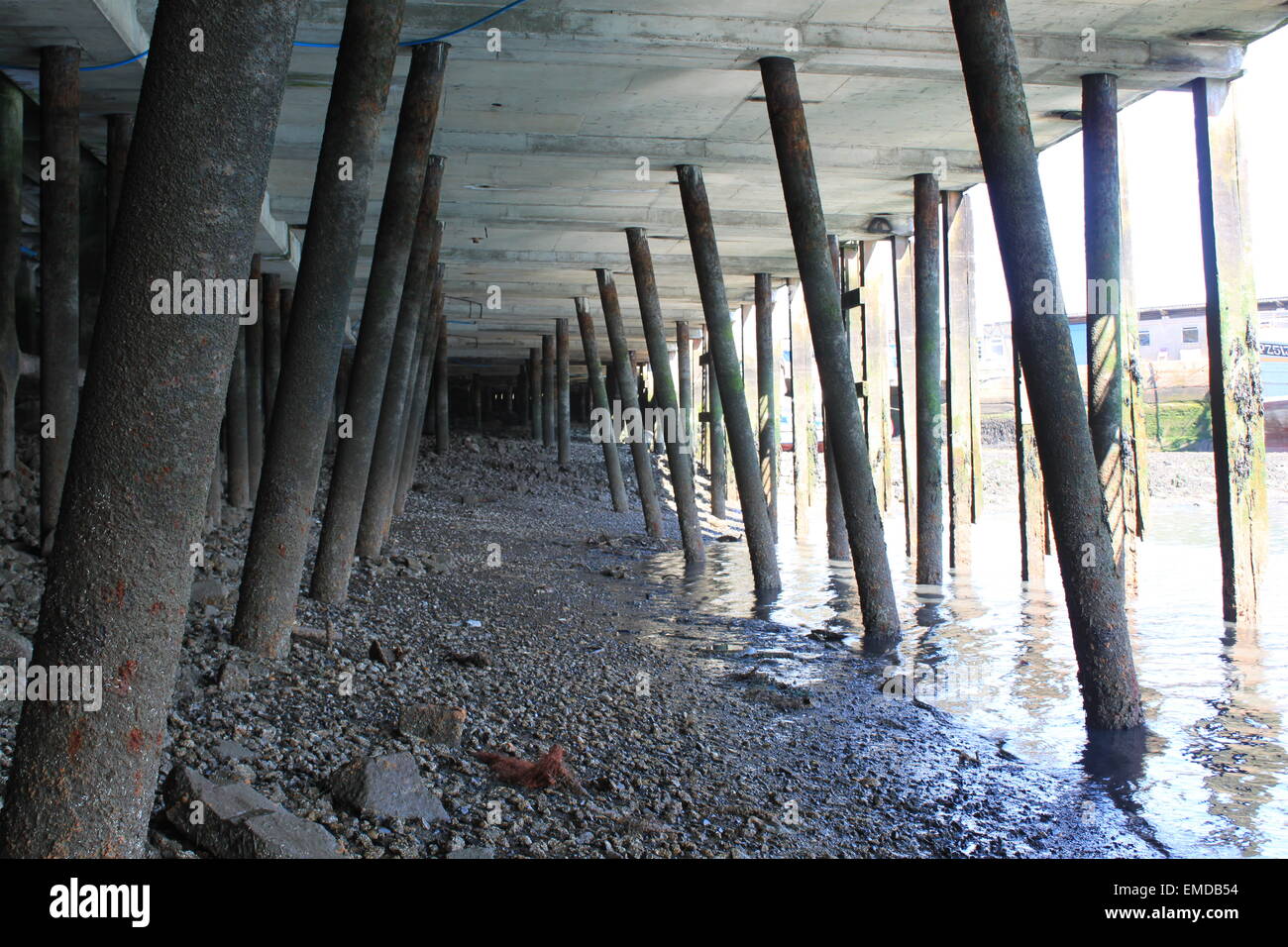 posts holding up newlyn pier from underneath at low tide Stock Photo ...