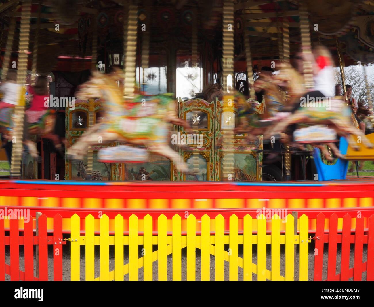 Old fashioned steam-powered carousel in operation at Beamish Open Air ...