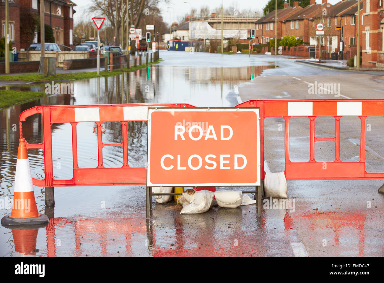 Warning Traffic Sign On Flooded Road Stock Photo - Alamy