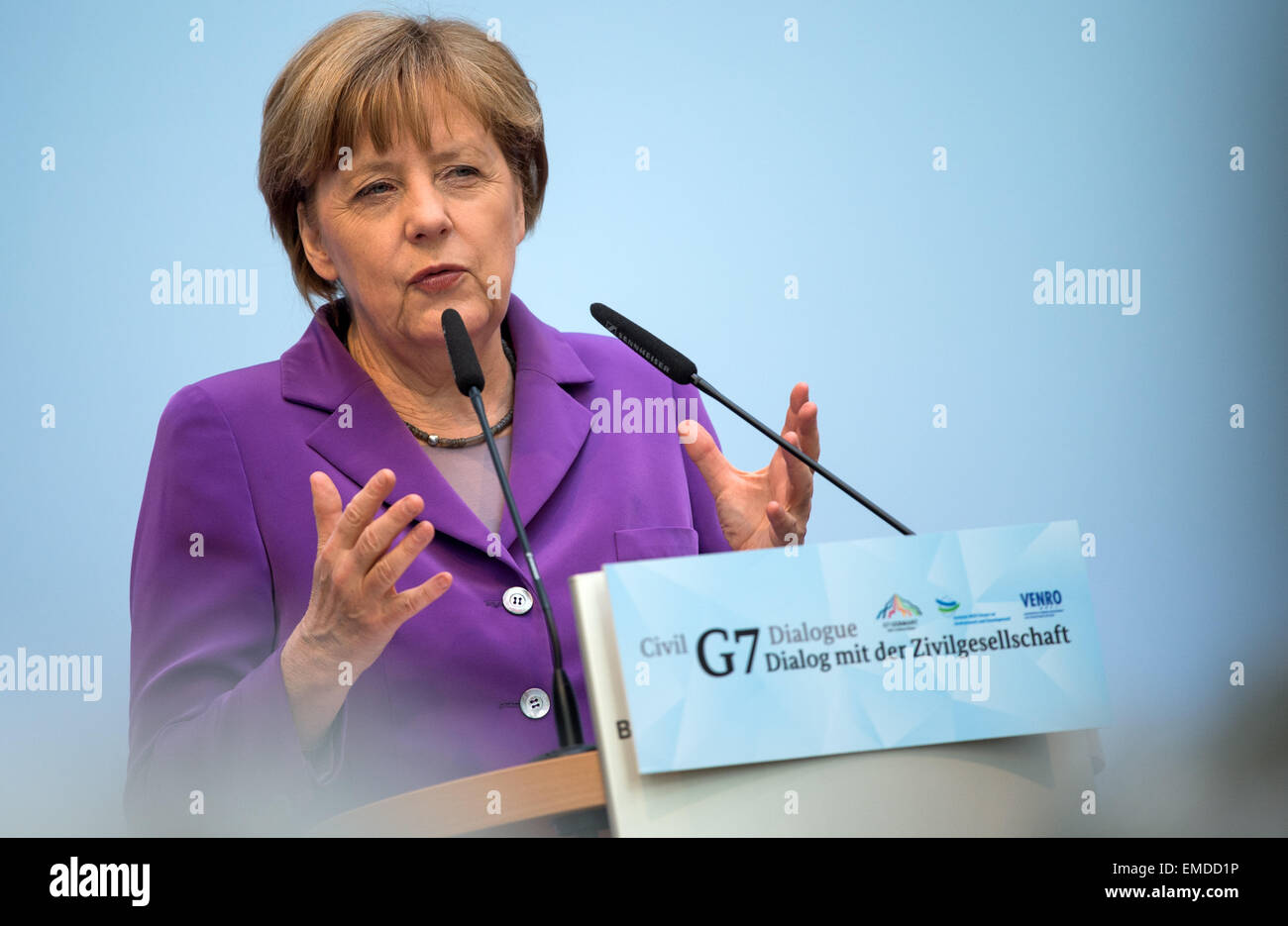 German Chancellor Angela Merkel (CDU) speaks during the G7 Dialogue ...