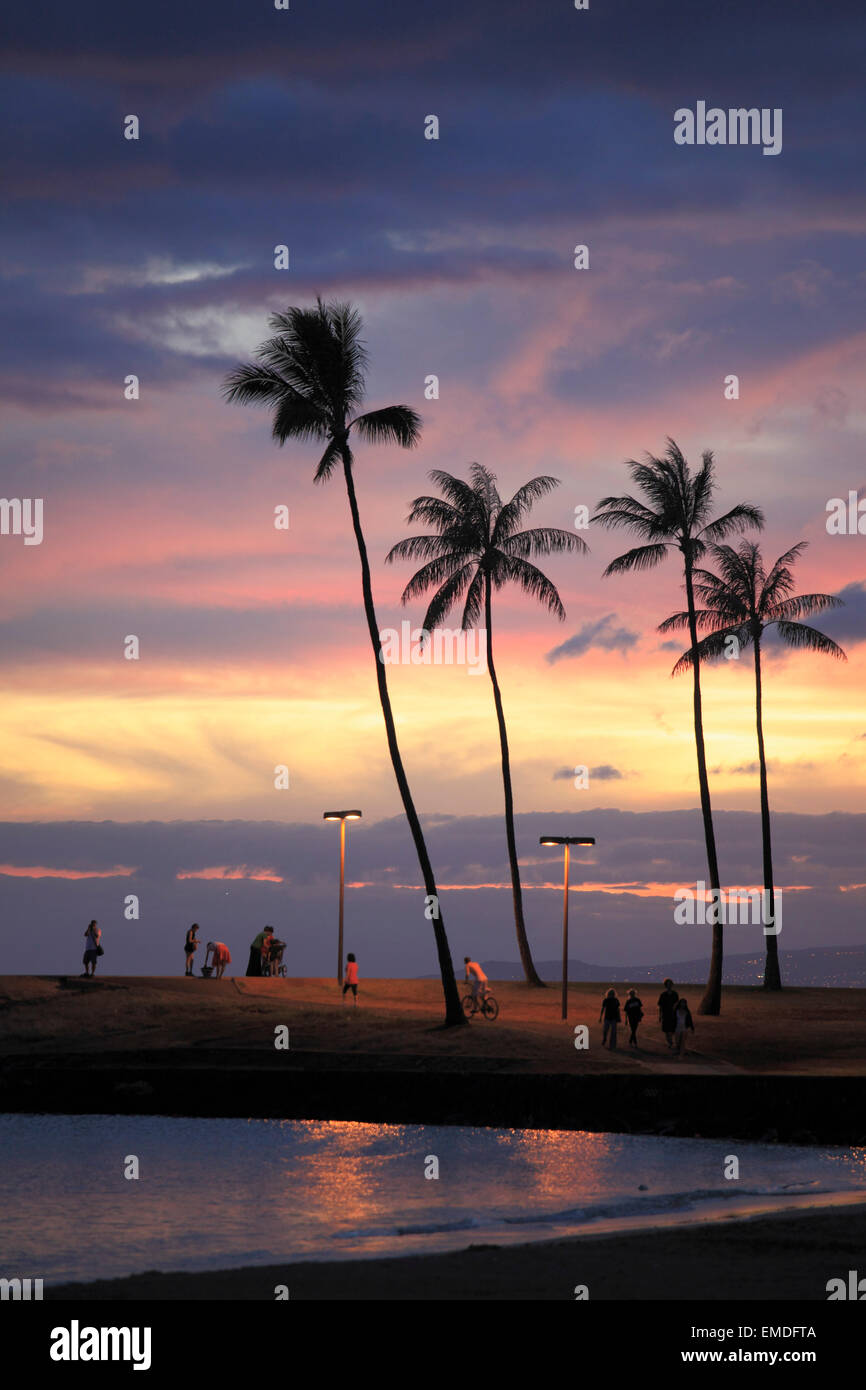 Hawaii, Oahu, Waikiki, Magic Island, sunset, palms, beach Stock Photo ...