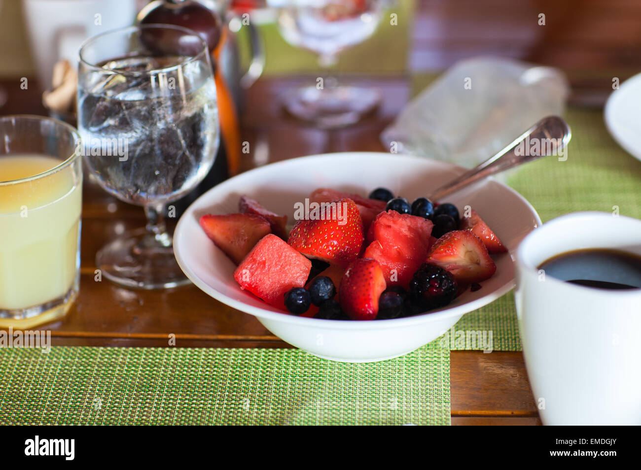 Breakfast with fresh fruits and coffee Stock Photo - Alamy