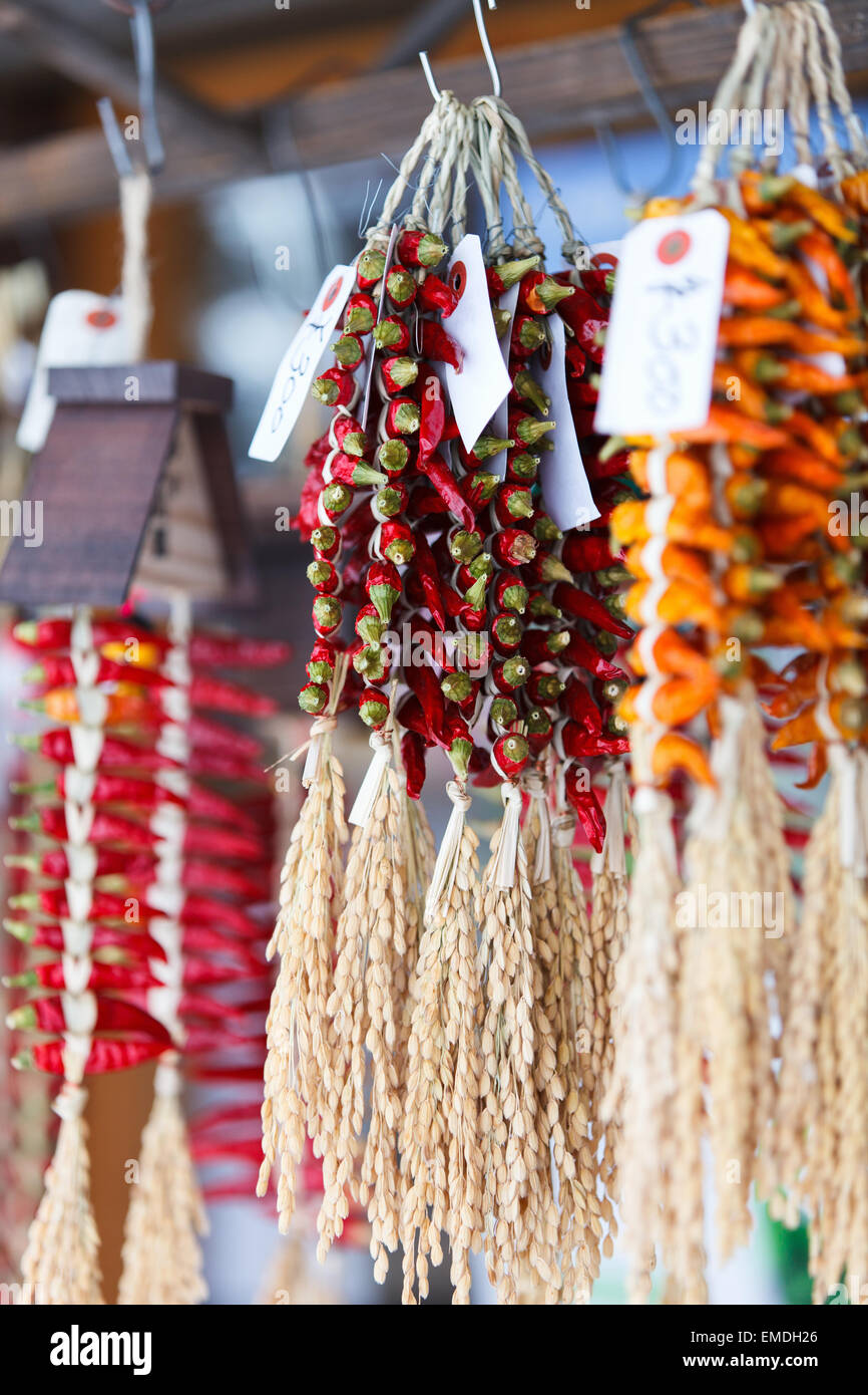 Dry chili peppers tied with straw rope Stock Photo - Alamy