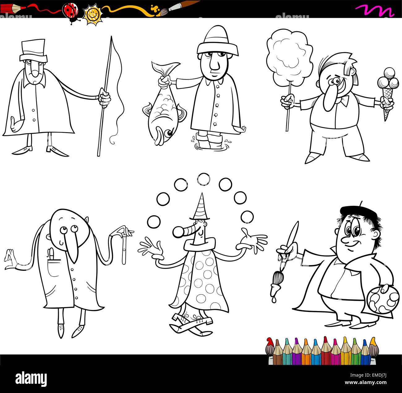 Coloring Book Cartoon Illustration of Funny Professional People ...