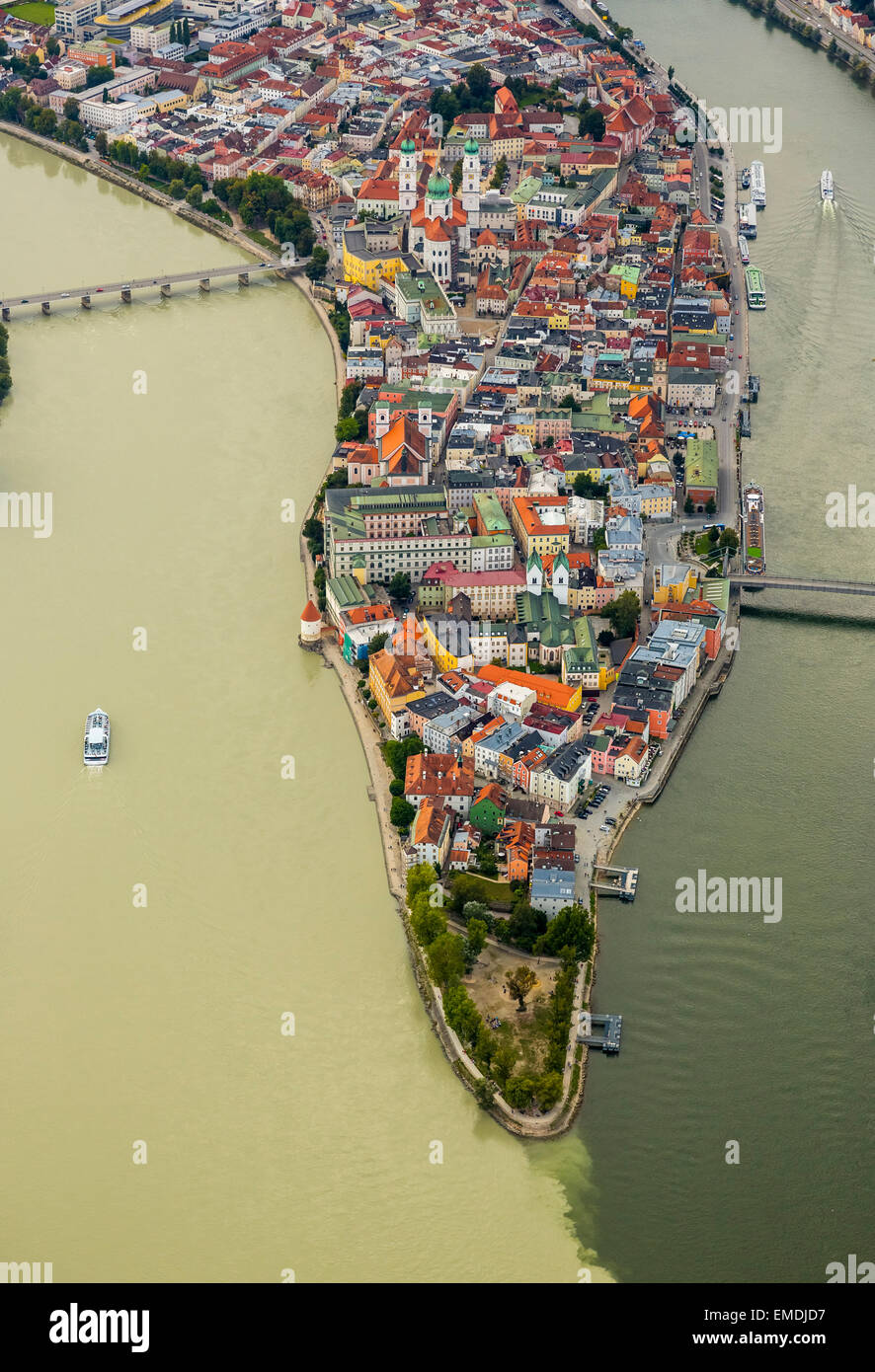 Historic centre of Passau, confluence of the three rivers, Danube, Inn ...