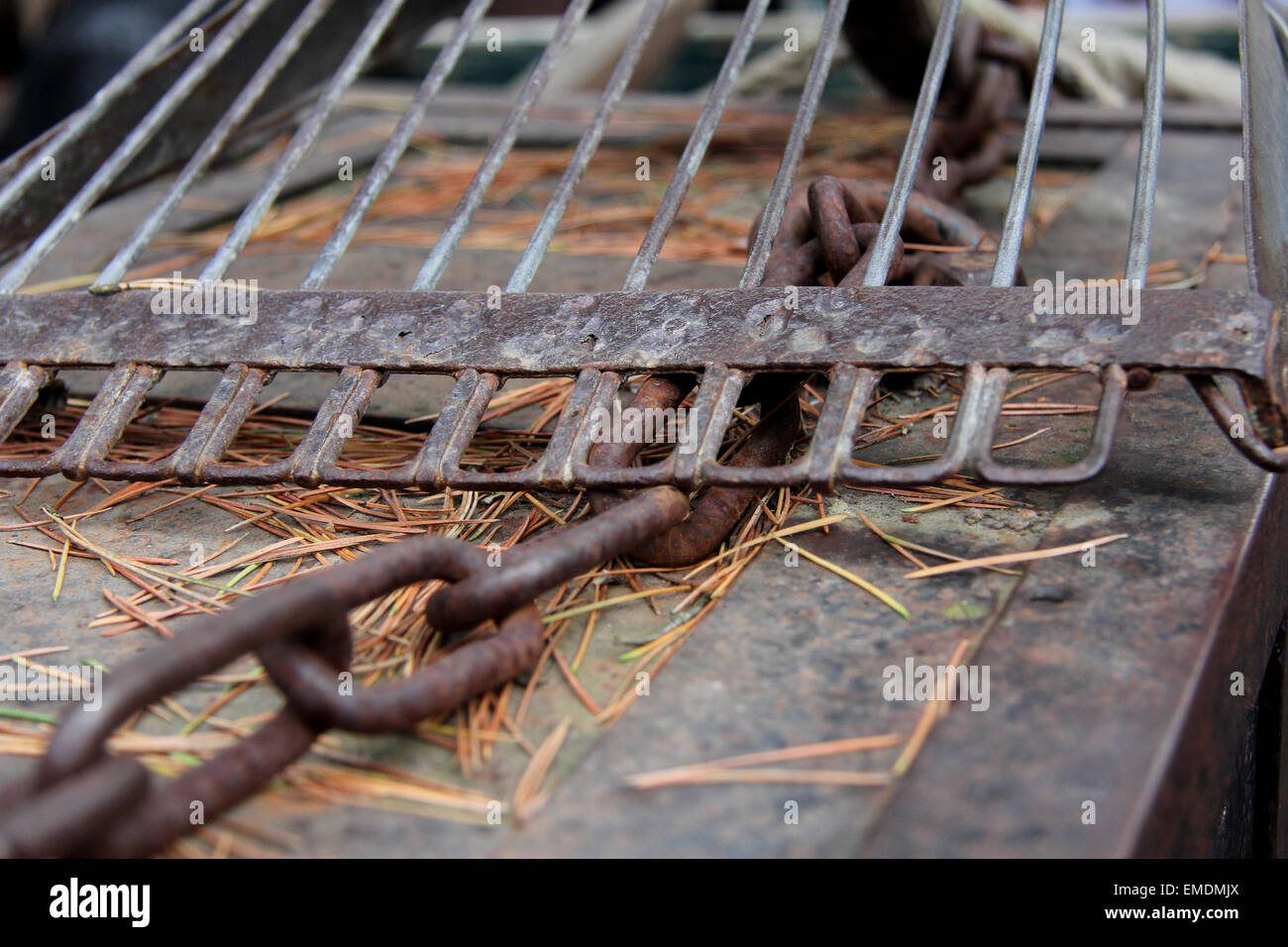 Rusted chain and rake Stock Photo - Alamy