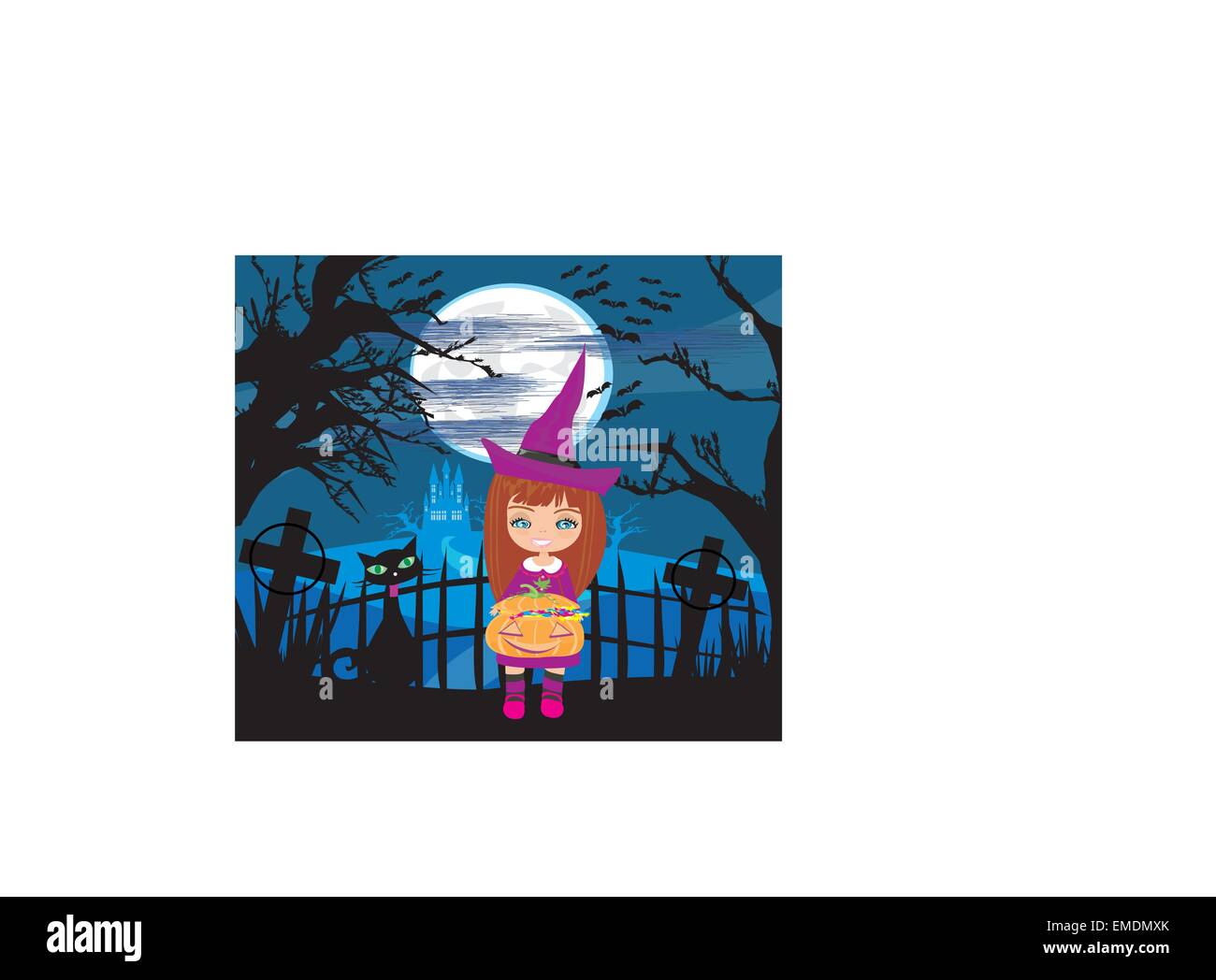 girl in witch costume holding pumpkin with candy Stock Vector Image ...