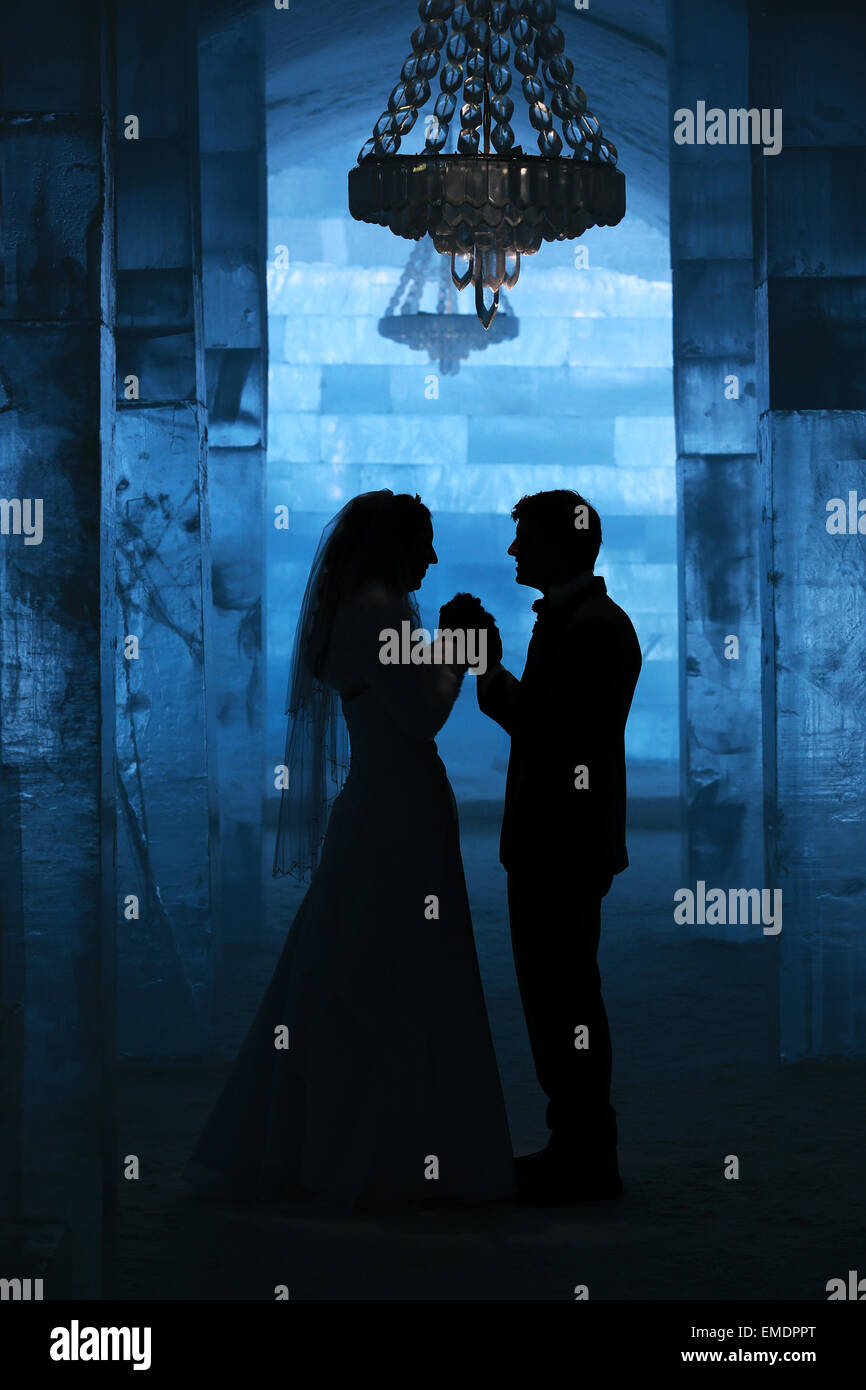 Silhouette of married couple during a wedding at the Ice Hotel ...