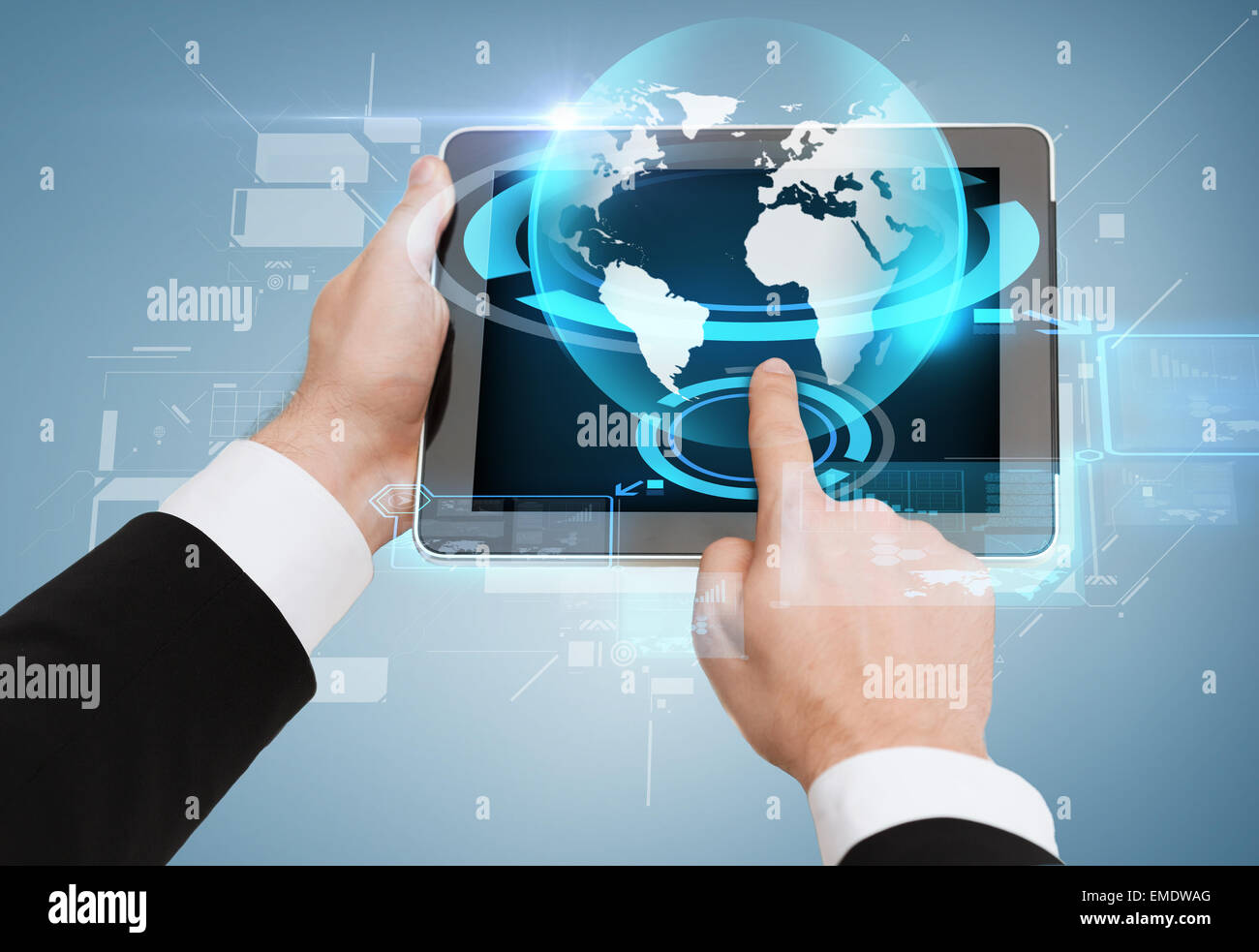 Hologram global tablet hands hi-res stock photography and images - Alamy