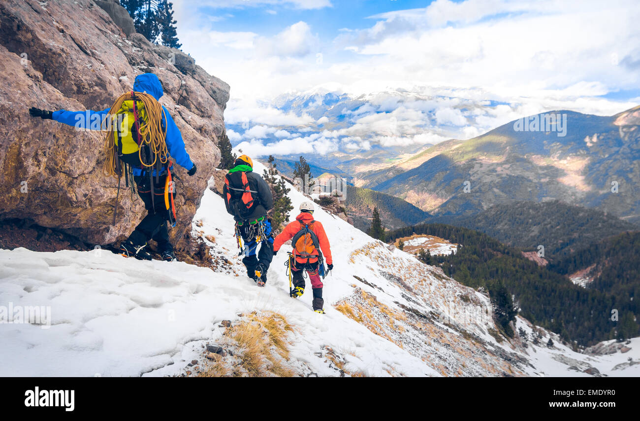 Group of mountaineers and sunny landscape Stock Photo - Alamy
