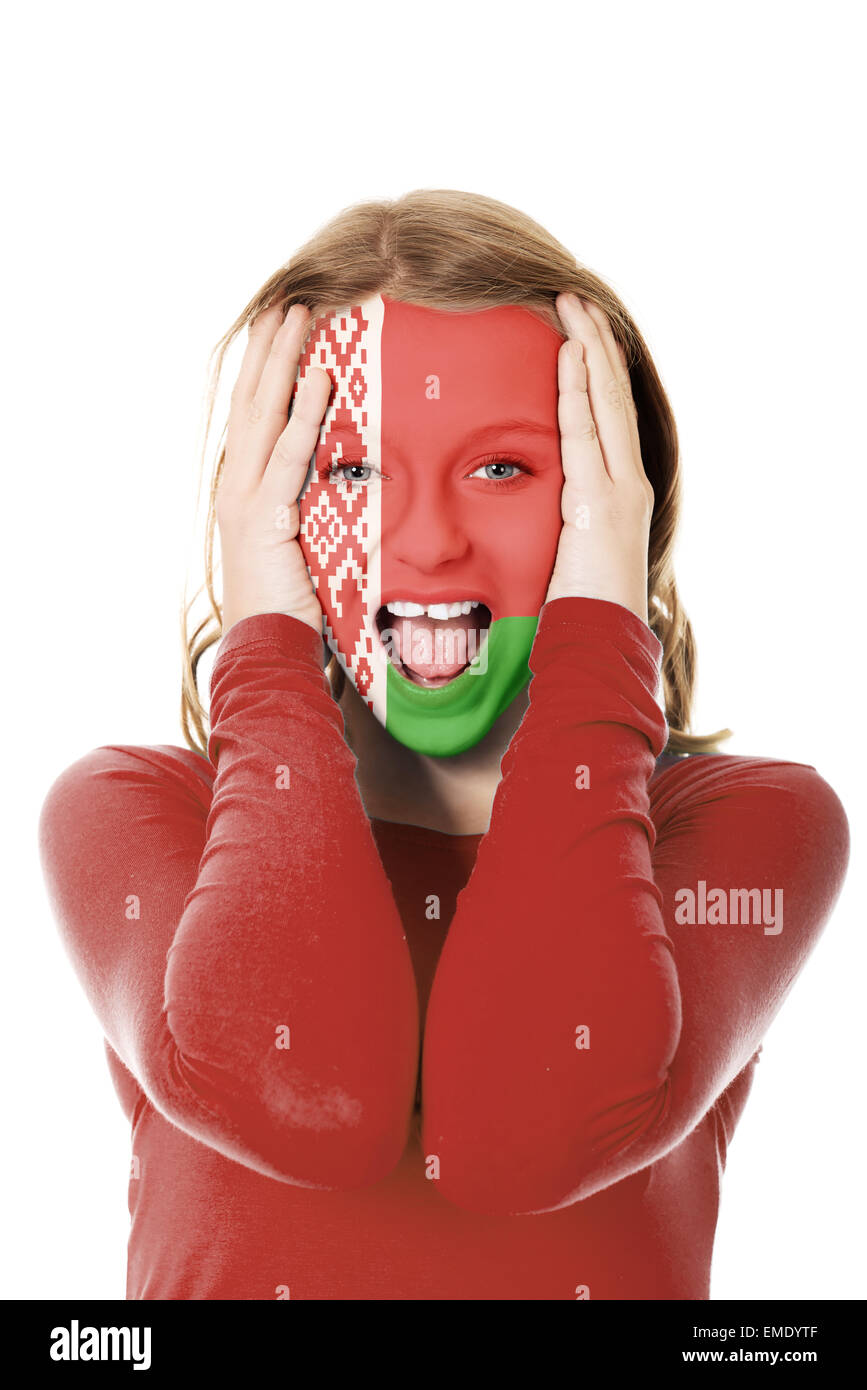 Woman with Belarus flag painted on face Stock Photo - Alamy