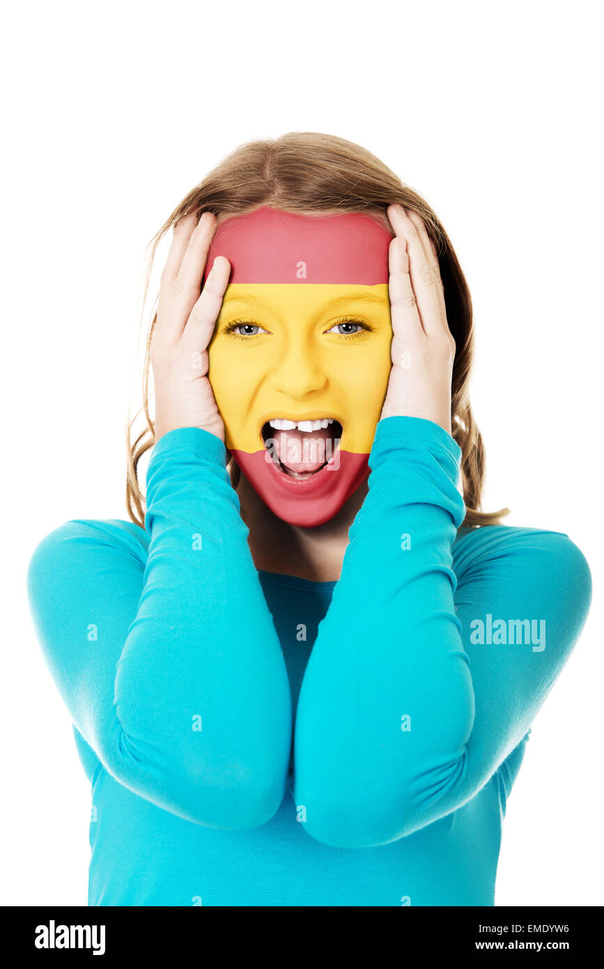 Woman with Spain flag on face Stock Photo - Alamy