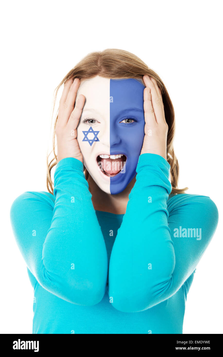 Woman with Israel flag on face Stock Photo - Alamy