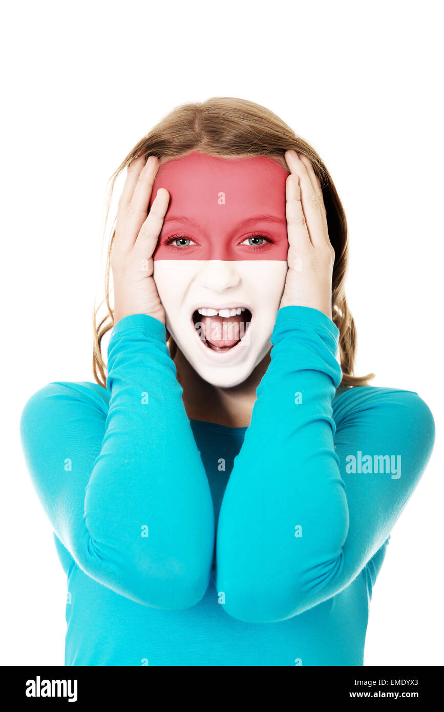 Woman with Monaco flag on face Stock Photo - Alamy