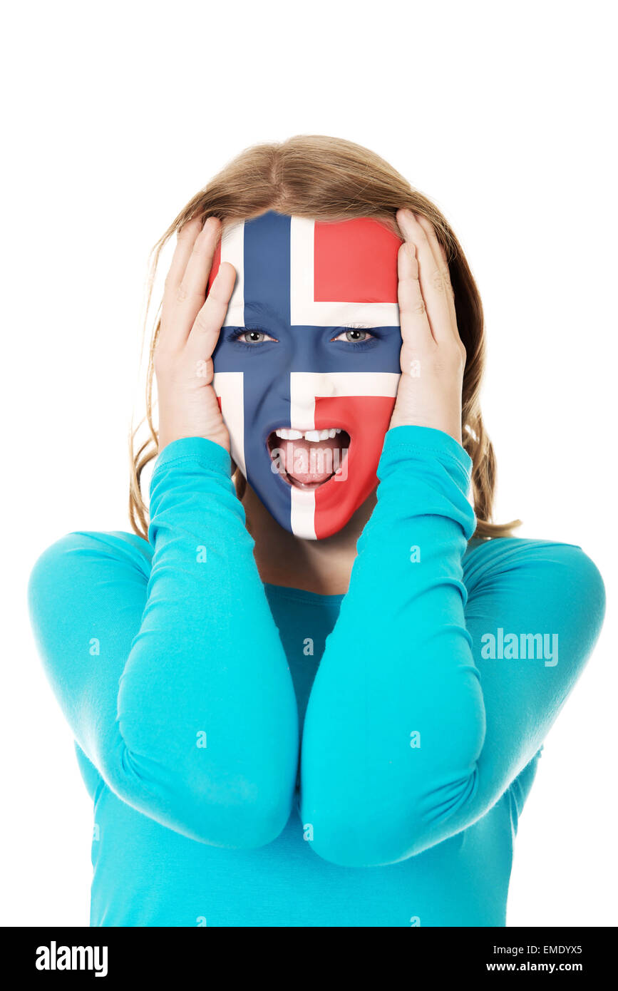 Woman with Norway flag on face Stock Photo - Alamy