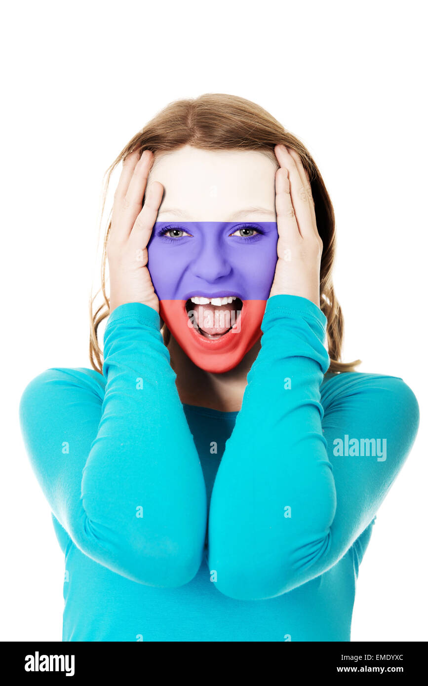 Woman with Russian flag on face Stock Photo - Alamy