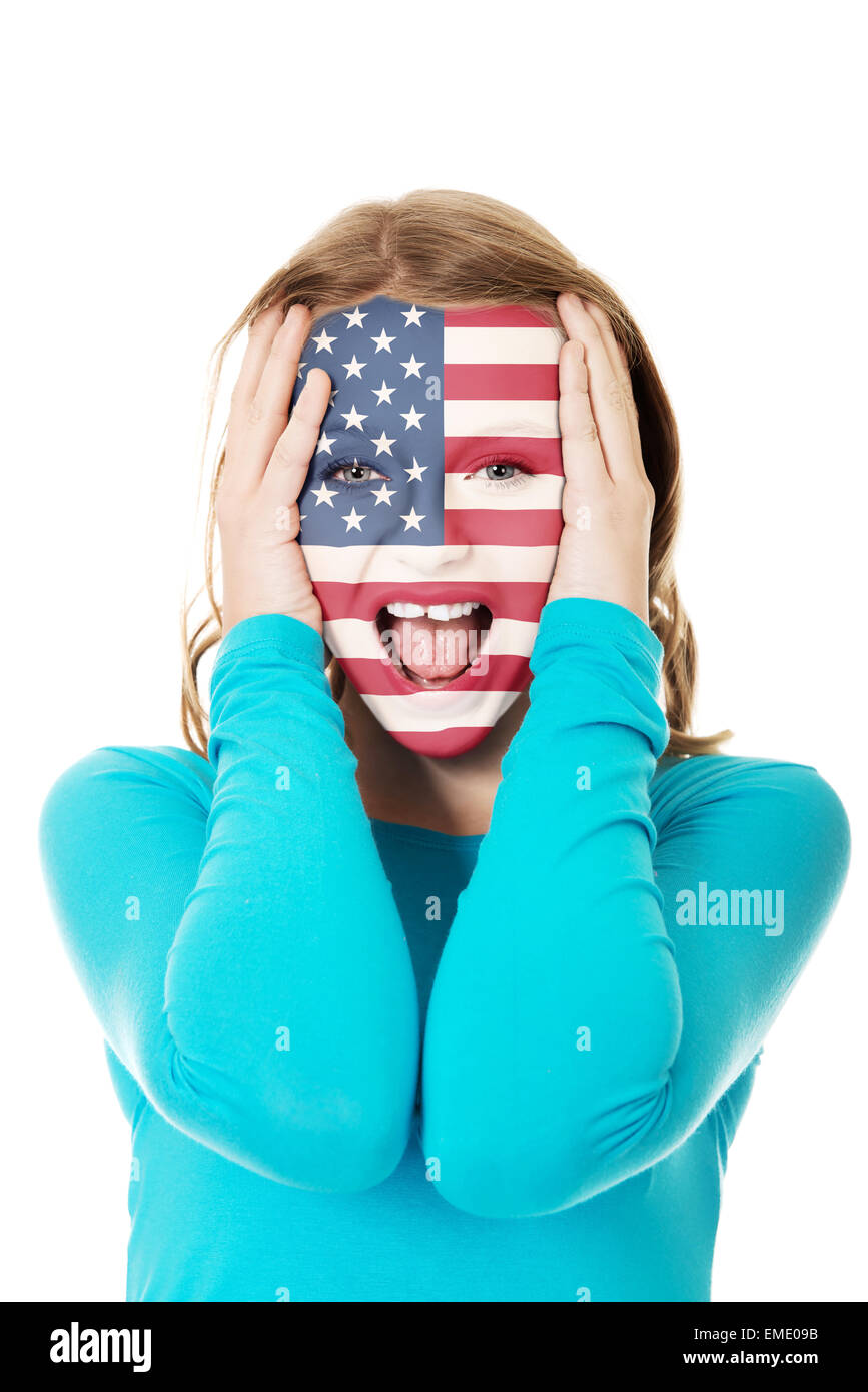 Woman with usa flag on face Stock Photo - Alamy