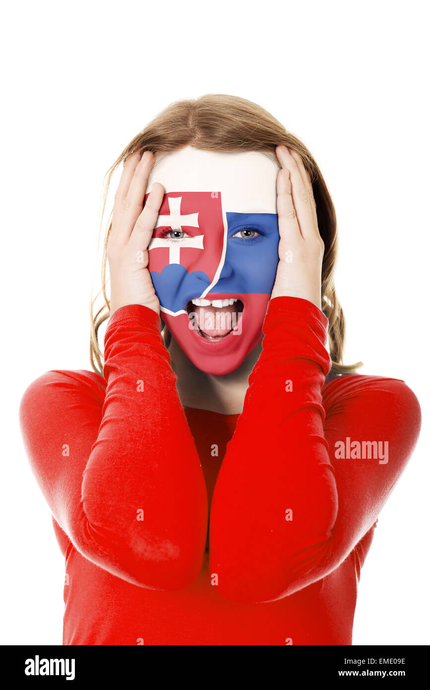 Woman with Slovakia flag painted on face Stock Photo - Alamy