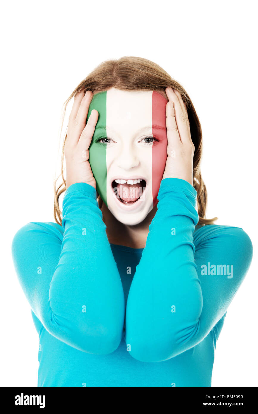 Woman with Italian flag painted on face Stock Photo - Alamy