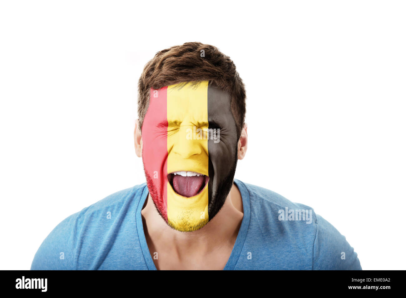 Screaming man with Belgium flag on face Stock Photo - Alamy