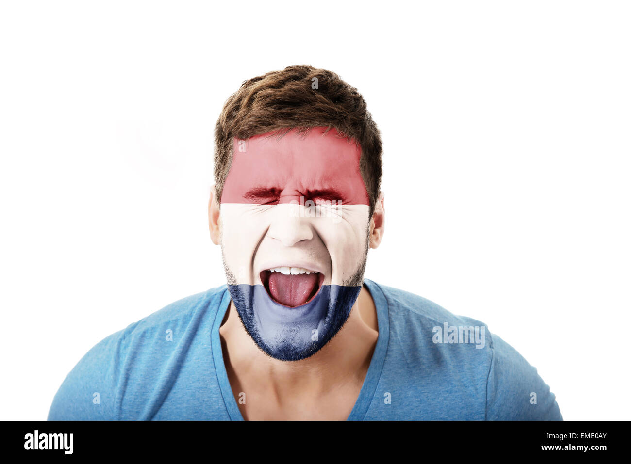 Screaming man with Netherlands flag on face Stock Photo - Alamy