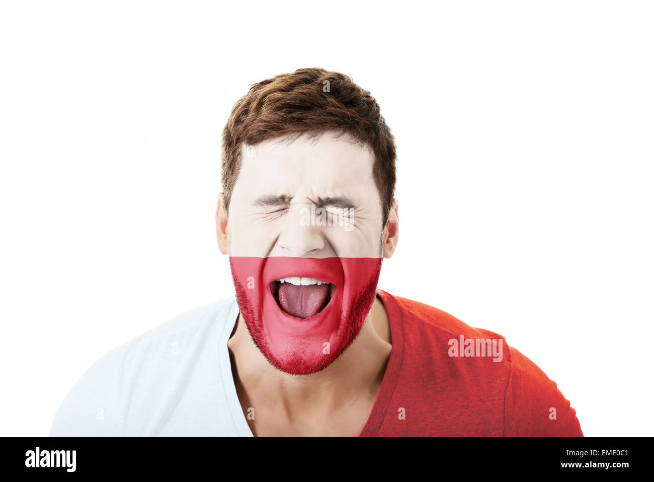 Screaming man with Poland flag on face Stock Photo - Alamy