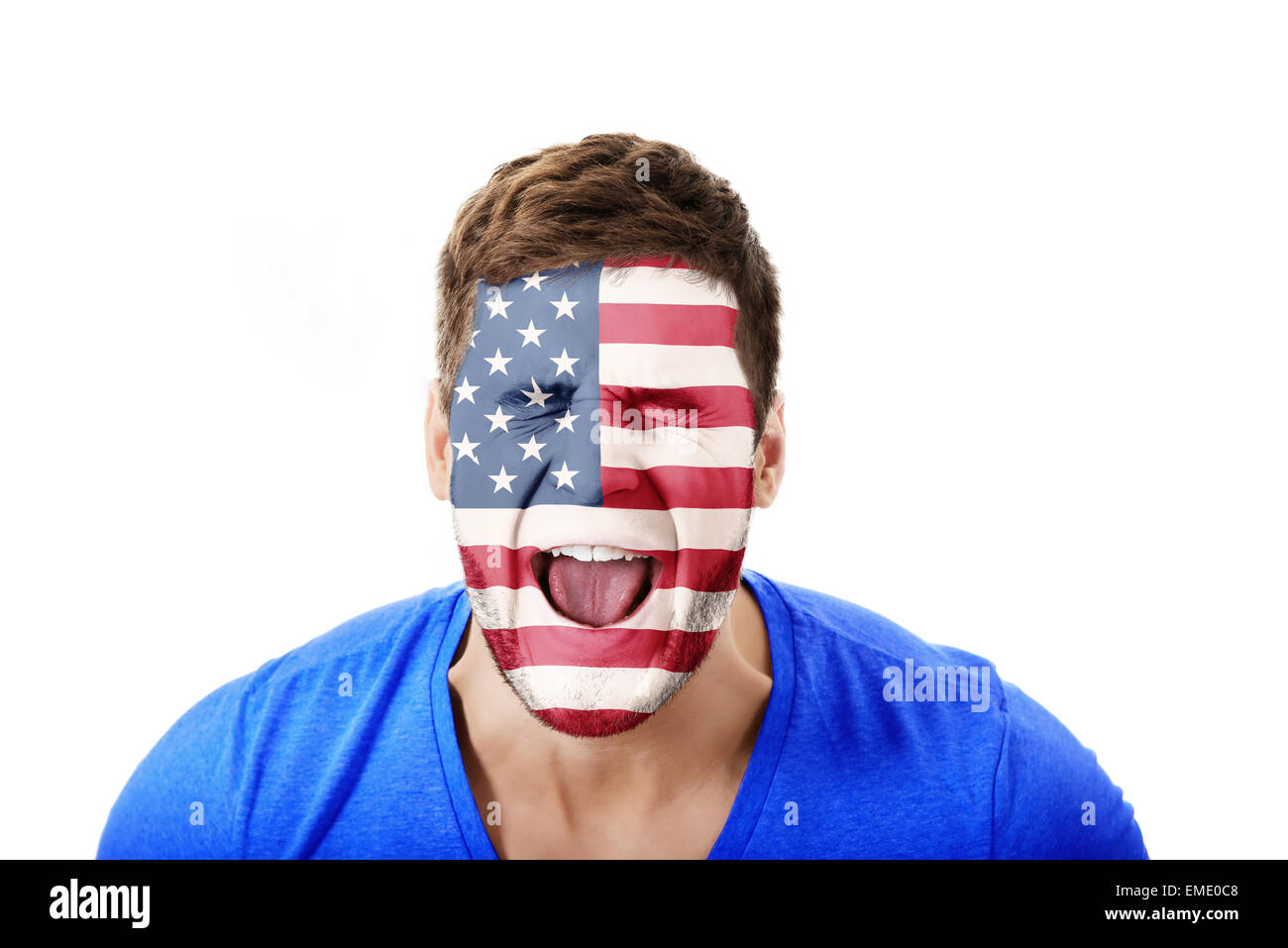 Screaming man with USA flag on face Stock Photo - Alamy