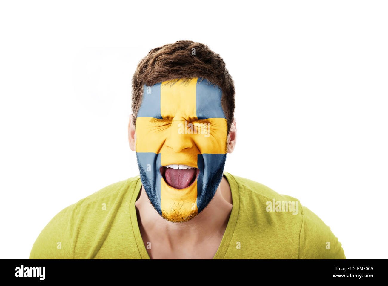 Screaming man with Sweden flag on face Stock Photo - Alamy