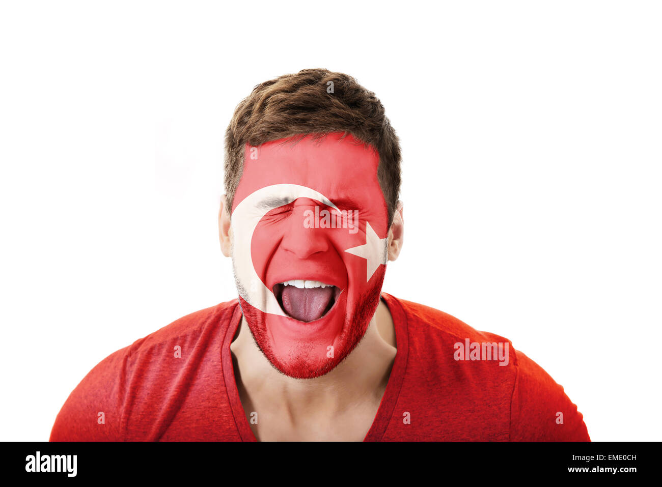 Screaming man with Turkey flag on face Stock Photo - Alamy