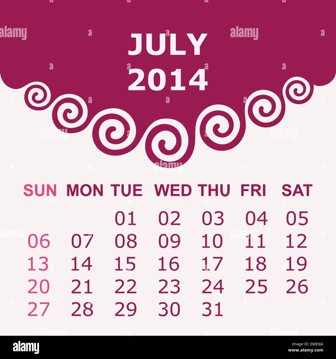 Calendar of July 2014 with spiral design - vector illustration Stock ...